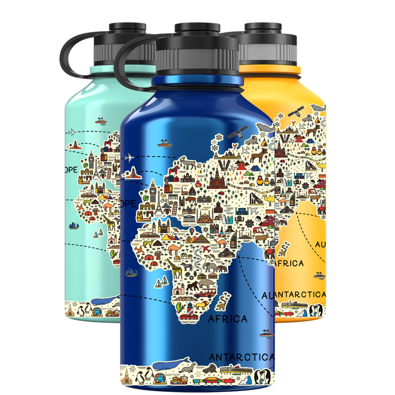 2 Litre Water Bottle Explorer - World Map Pattern - Proworks Bottles